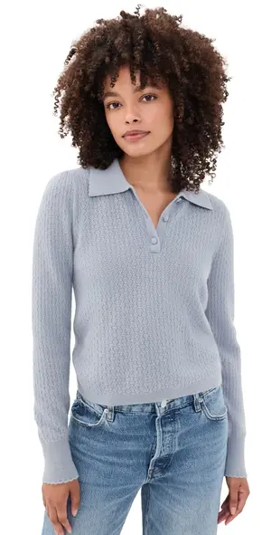 FRAME The Long Sleeve Honeycomb Polo Sweater - Grey Blue