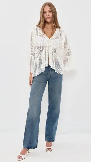 ANOTHER GIRL Oversized Tie Front Lace Blouse