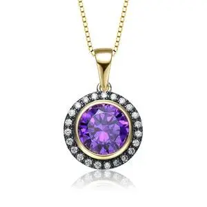 GENEVIVE Yellow Gold Plated With Round Cubic Zirconia Pendant Necklace - Purple