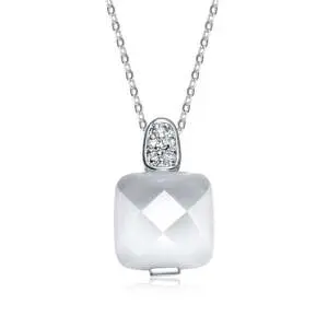 GENEVIVE Sterling Silver Rectangular Modern Style Pendant Necklace - White/silver