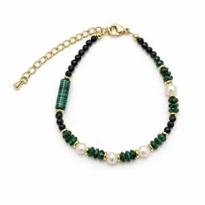 ANGEL BAROCCO Malachite, Black Crystal & Baroque Pearl Beaded Bracelet - Green