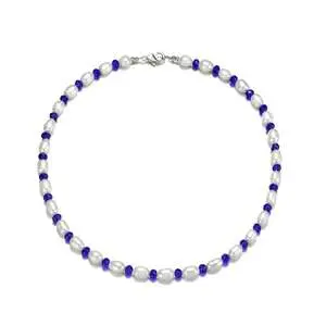 GENEVIVE Sterling Silver White Gold Plated Cubic Zirconia Bead Necklace - Blue