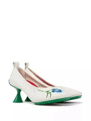 Camper Right Left Twins Floral-embroidered Pumps - White
