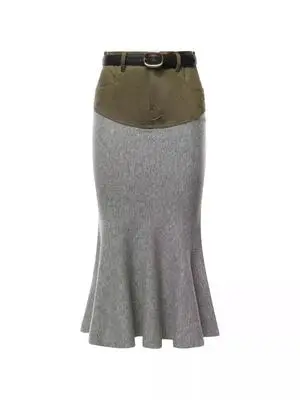 SELF-PORTRAIT Knit-khaki Denim-insert Midi Skirt - Grey