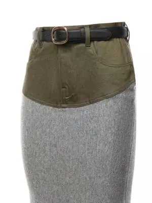 SELF-PORTRAIT Knit-khaki Denim-insert Midi Skirt