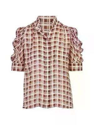 FRAME The Gillian Check-pattern Ruched-sleeve Blouse - Brown