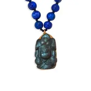 OPIUM JEWELS Blue / Gold / Grey Ganesha Talisman Necklace In Lapiz & Labradorite - Blue/gold/grey