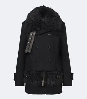 Sacai Layered Leather-trimmed Wool Coat - Black