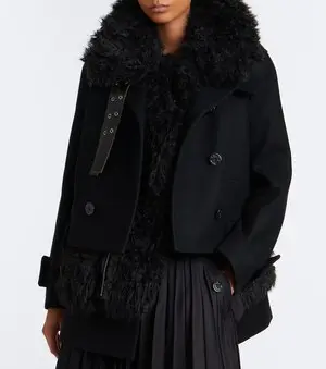 Sacai Layered Leather-trimmed Wool Coat - Black