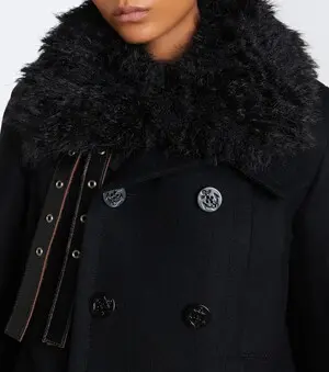 Sacai Layered Leather-trimmed Wool Coat - Black