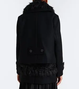 Sacai Layered Leather-trimmed Wool Coat - Black