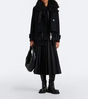 Sacai Layered Leather-trimmed Wool Coat - Black