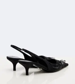 Prada Embellished Satin Slingback Pumps - Black