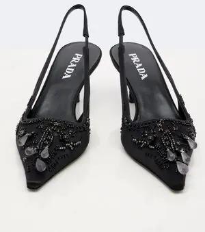 Prada Embellished Satin Slingback Pumps - Black