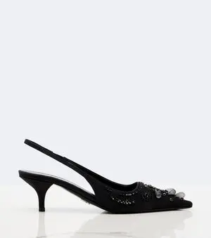 Prada Embellished Satin Slingback Pumps - Black