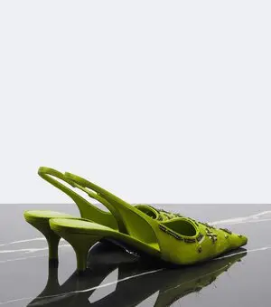 Prada Embellished Satin Slingback Pumps - Green