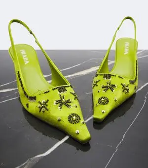 Prada Embellished Satin Slingback Pumps - Green