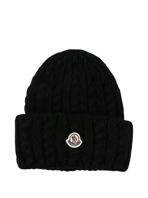 Moncler Cable Knit Beanie With Logo Patch - Black