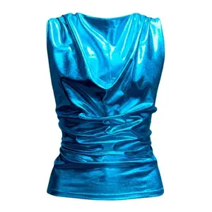 IMAATU Onu Glam Metallic Shine Sculpting Elastic Faux Leather Waterfall Top - Blue