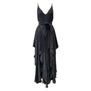 IMAATU Pure Silk Heroine Silk Dress Asymmetrical Luxury Maxi Tie Red Carpet Gown - Black