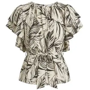 IMAATU Neutrals Butterfly Blouse Palms Butter Sustainable Viscose Ruffle Sleeves Tropical Print - Black