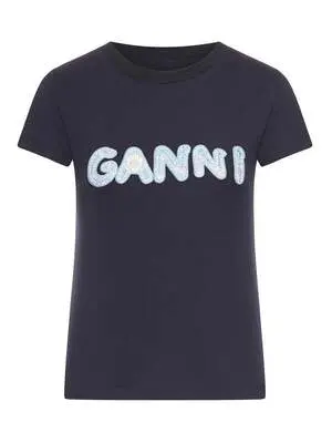 GANNI GANNI Embroidered Logo Cotton T-Shirt Grigio