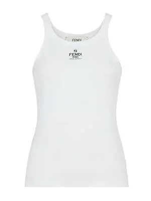 Fendi Style Embroidered Logo Cotton Top With Stretch - White
