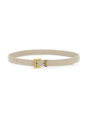 Saint Laurent Calfskin Leather Belt With Cassandre Thin Profile - Beige