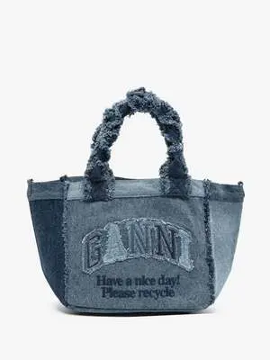 GANNI Small Denim Tote Handbag With Front Logo, Snap Closure & Leather Strap