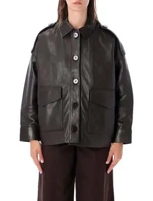 SESSUN Leather Shirt Jacket With Button Front - Marrone