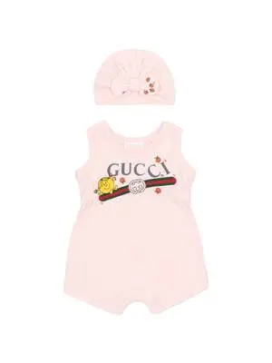 Gucci Baby Mini Bodysuit Set With Beanie Hat - Pink