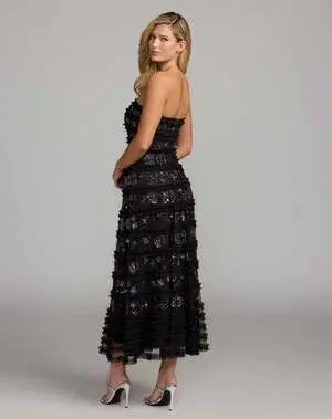 Mac Duggal Black Strapless Micro Ruffle Midi Dress