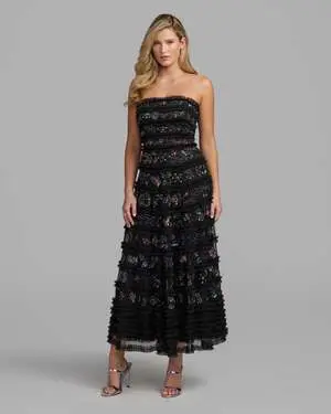 Mac Duggal Strapless Micro Ruffle Midi Dress