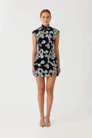 SAU LEE Devon Velvet Mini Dress - Midnight Blue