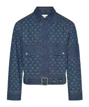MARINE SERRE Belted Moon-print Denim Jacket - Blue