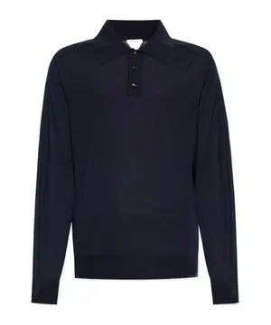 Bottega Veneta Long Sleeved Knitted Polo Shirt - Navy Blue