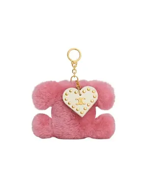 Celine Triomphe Pom-pom Keyring With Heart In Shearling And Calfskin With Gold Finishing - Pink