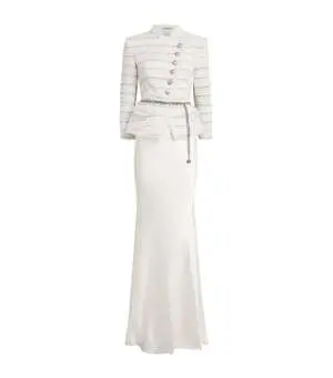 SELF-PORTRAIT Bouclé Satin Maxi Dress - White