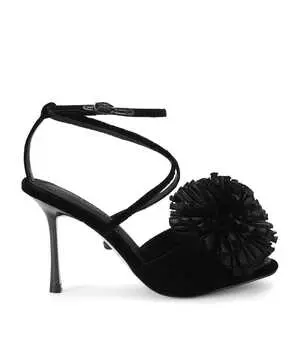 Kurt Geiger Velvet Pom Pom Heeled Sandals - Black
