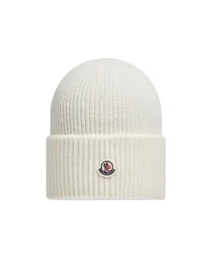 Moncler Logo Patch Knit Beanie - White