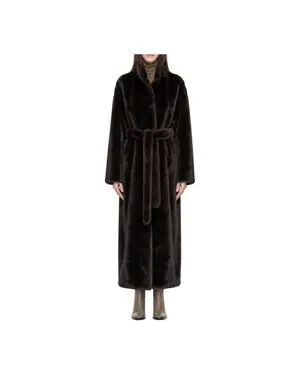 THE FRANKIE SHOP Belted Faux Fur Coat - Dark Brown