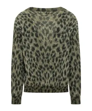 LANEUS Animal Print V-neck Knit Top