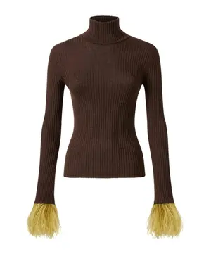 La DoubleJ Ribbed Silk Cashmere Feather Trim High Kick Top - Cocoa
