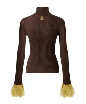 La DoubleJ Ribbed Silk Cashmere Feather Trim High Kick Top