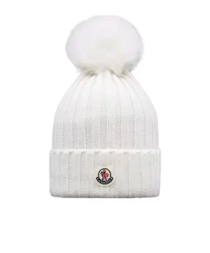 Moncler Knitted Beanie With Pompom - White