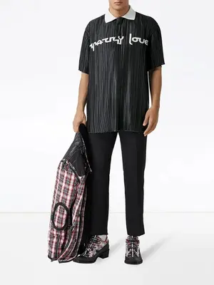 Burberry Slogan Print Satin Plissé Polo Shirt