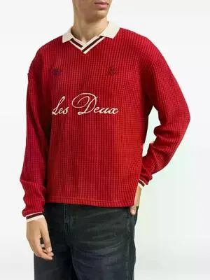 LES DEUX Logo-embroidered Waffle Knit Sweater - Red