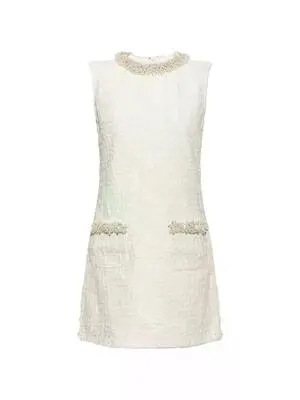 SELF-PORTRAIT Textured Denim Pearl-trimmed Mini Dress