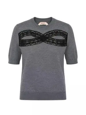 N°21 Lace-trim Crew-neck T-shirt - Grey