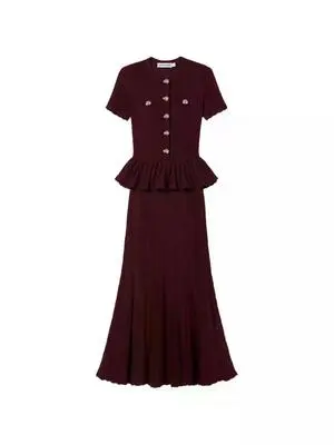 SELF-PORTRAIT Pointelle Peplum Knit Midi Dress - Red